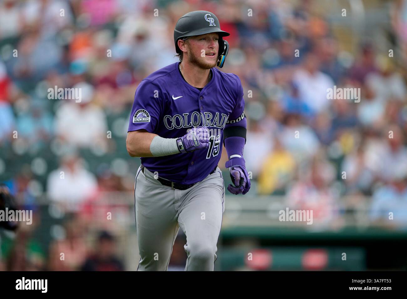 Colorado Rockies Hunter Goodman (15) runs to first base during an MLB ...