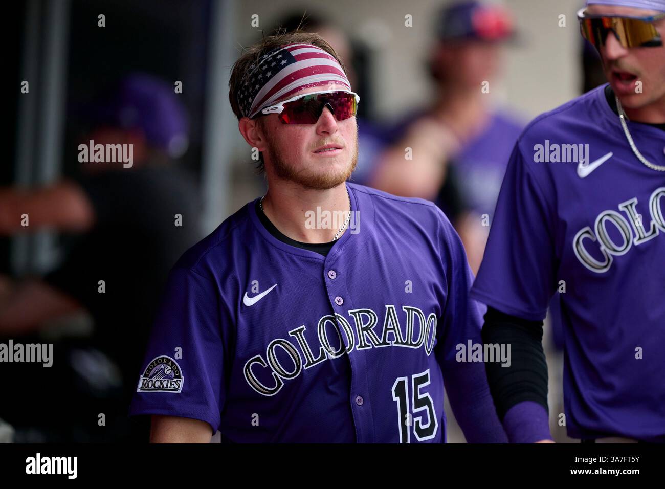 Colorado Rockies Hunter Goodman (15) in the dugout during an MLB Spring ...