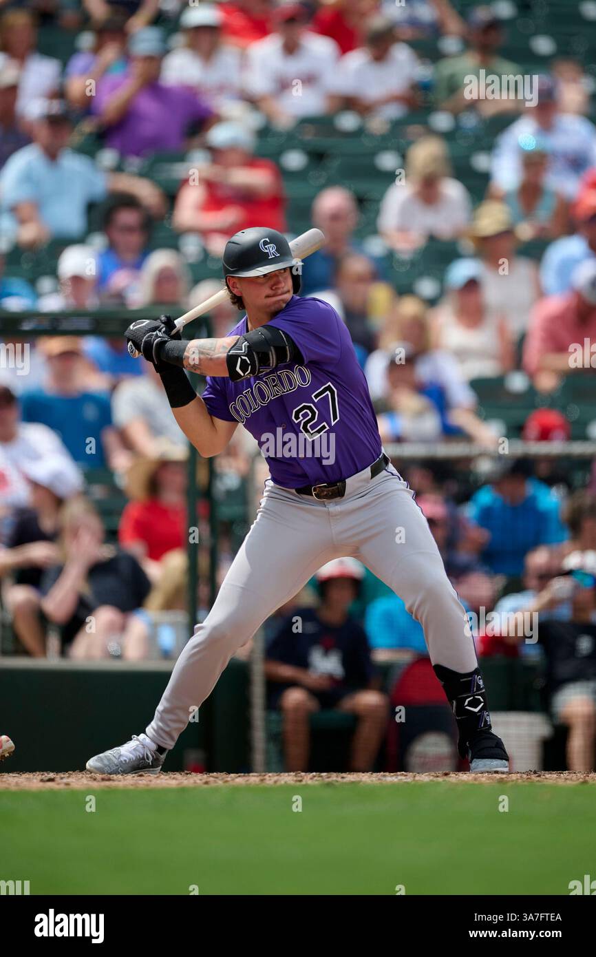 Colorado Rockies Jordan Beck (27) at bat during an MLB Spring Training ...