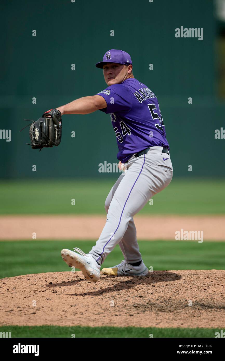 Colorado Rockies pitcher Seth Halvorsen (54) during an MLB Spring ...