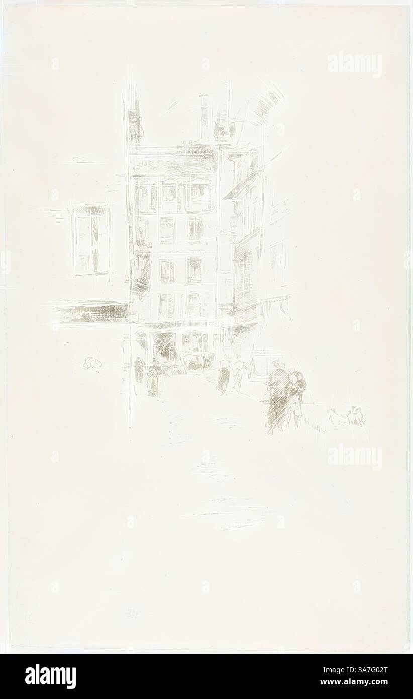 A hazy street scene captures the outlines of buildings and figures ...