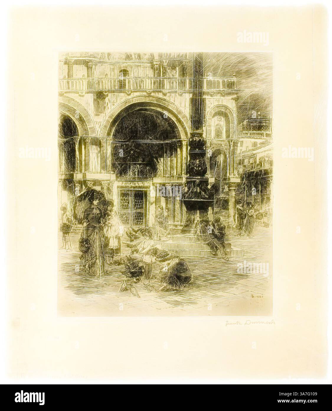 A bustling courtyard scene captures people engaged in various ...