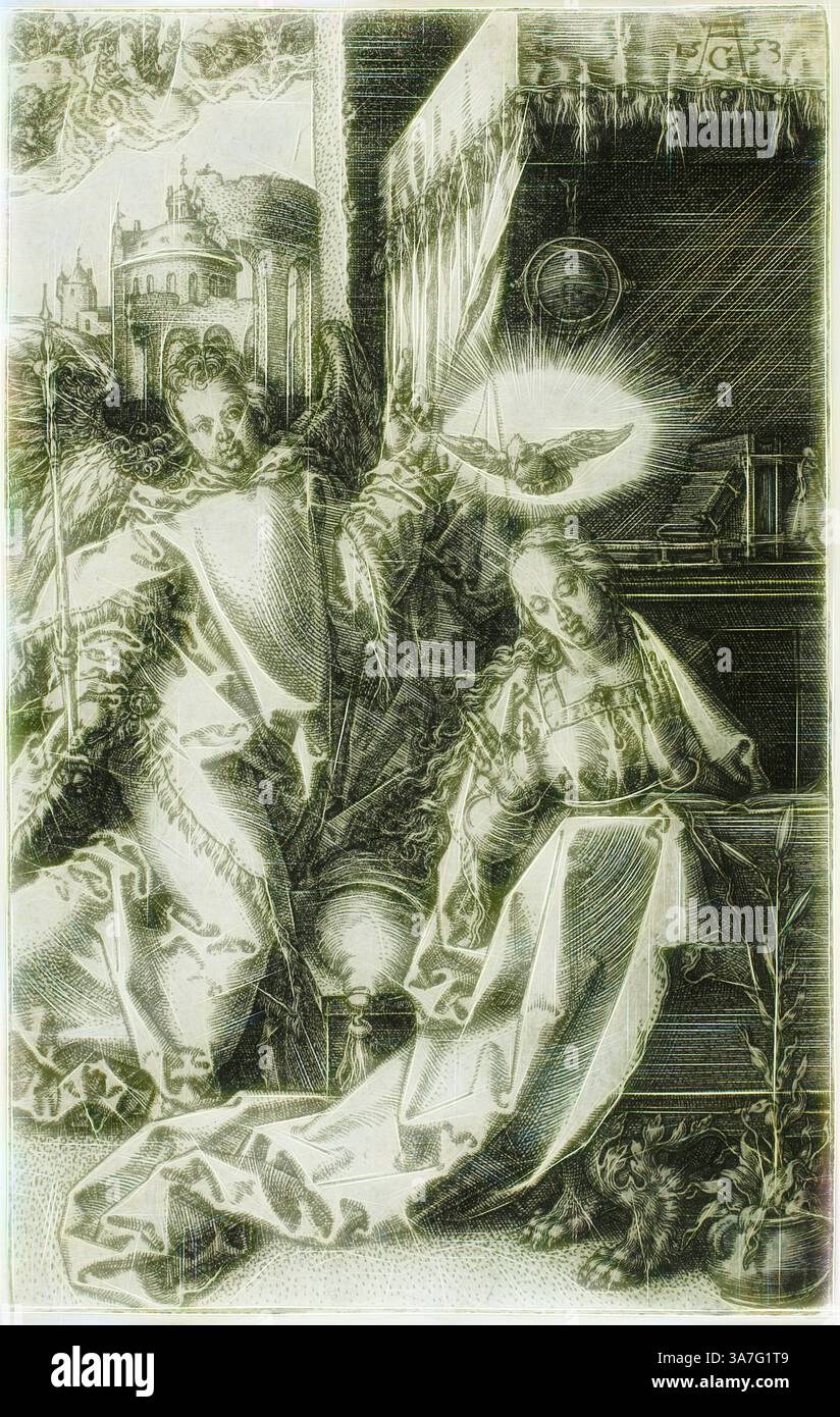A depiction of the Annunciation, featuring the Archangel Gabriel ...