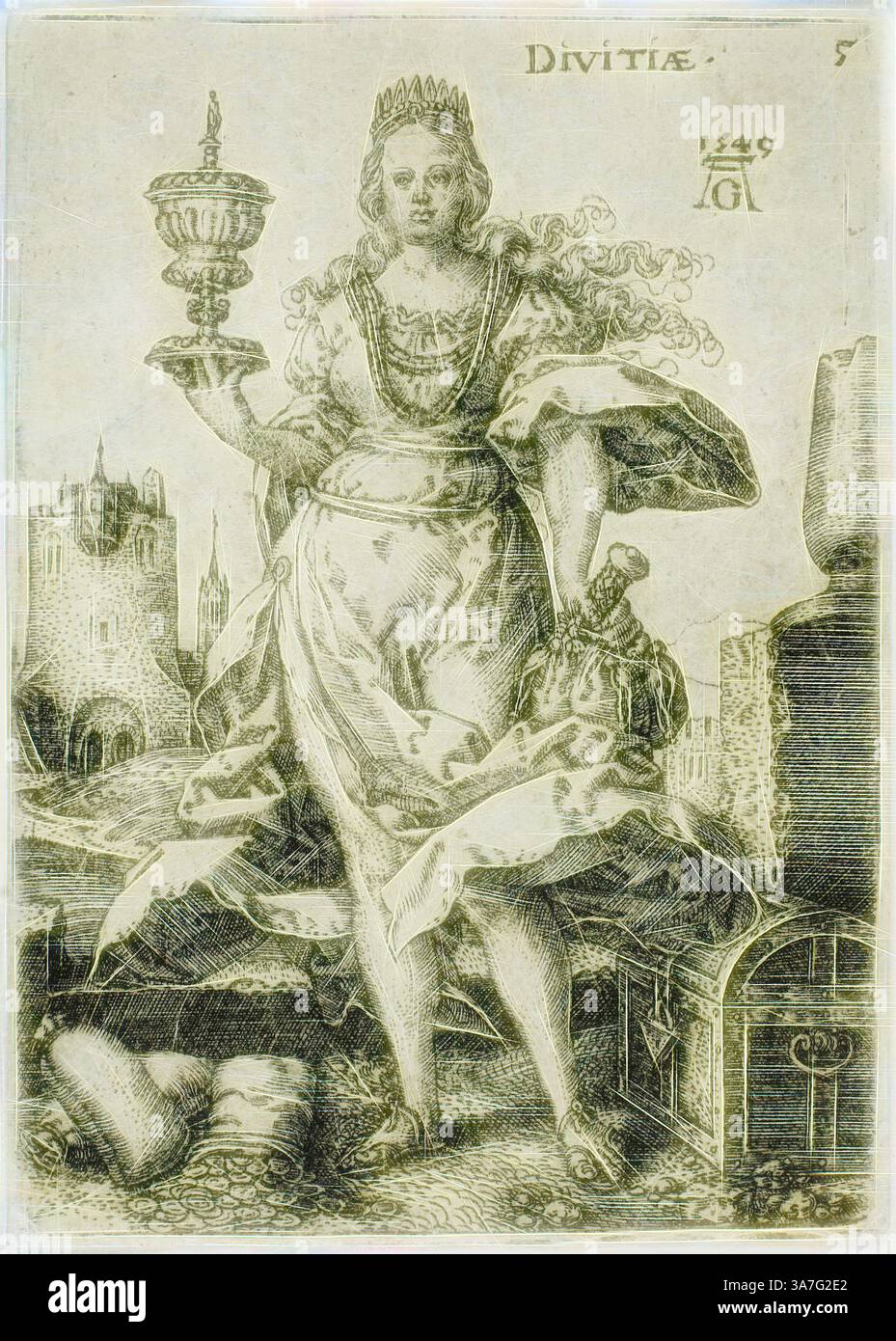 A regal figure stands triumphantly, holding a goblet in one hand and ...