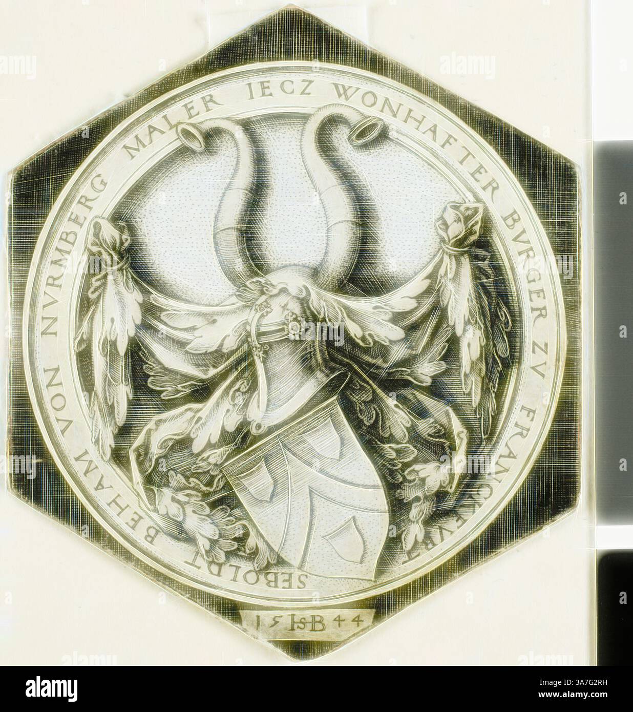 A hexagonal emblem featuring a detailed depiction of a horned creature ...
