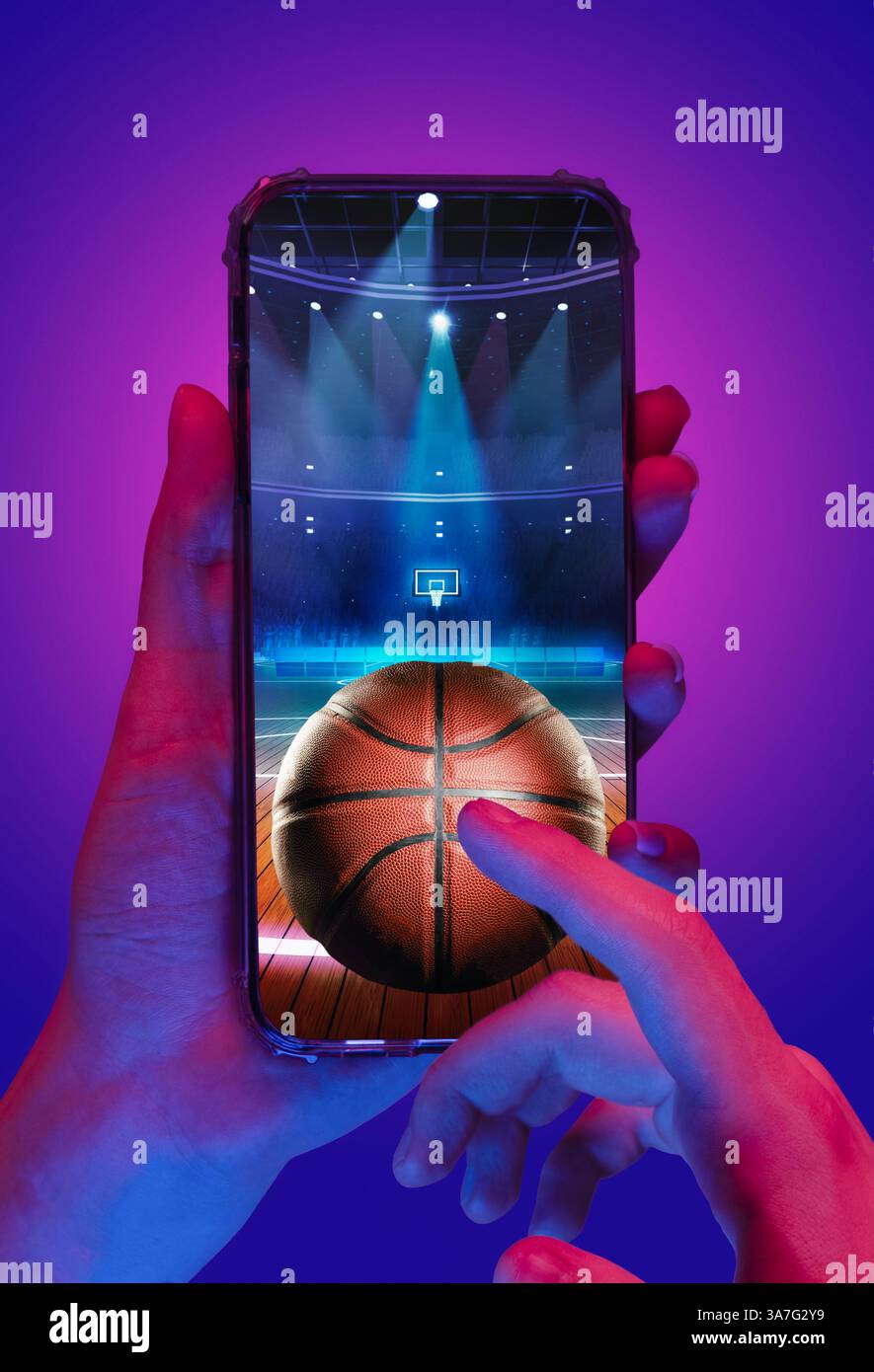 Person engaged with basketball sports app on smartphone, tapping screen ...