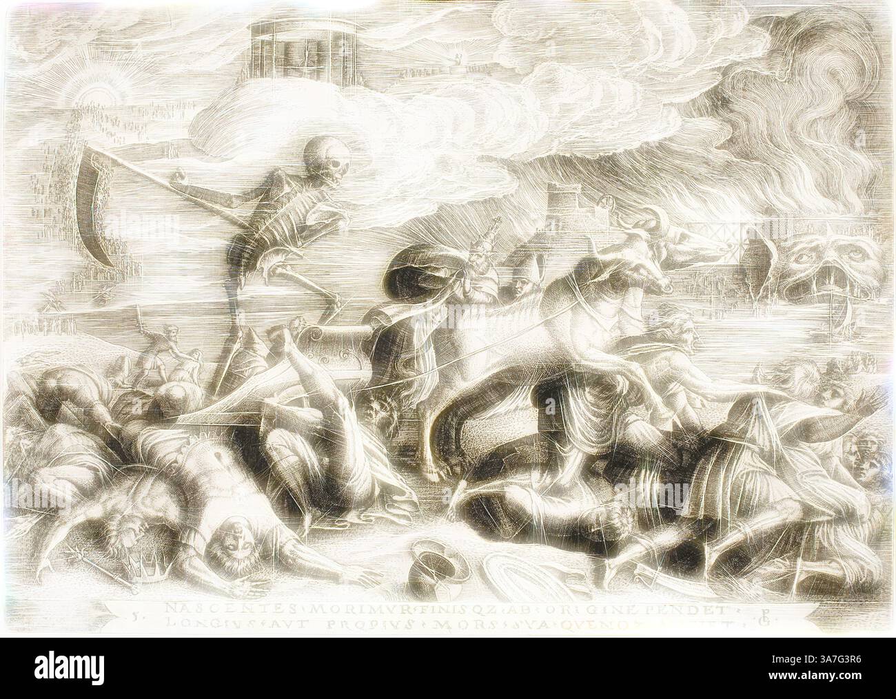 A dramatic scene depicting a skeletal figure wielding a scythe, guiding ...