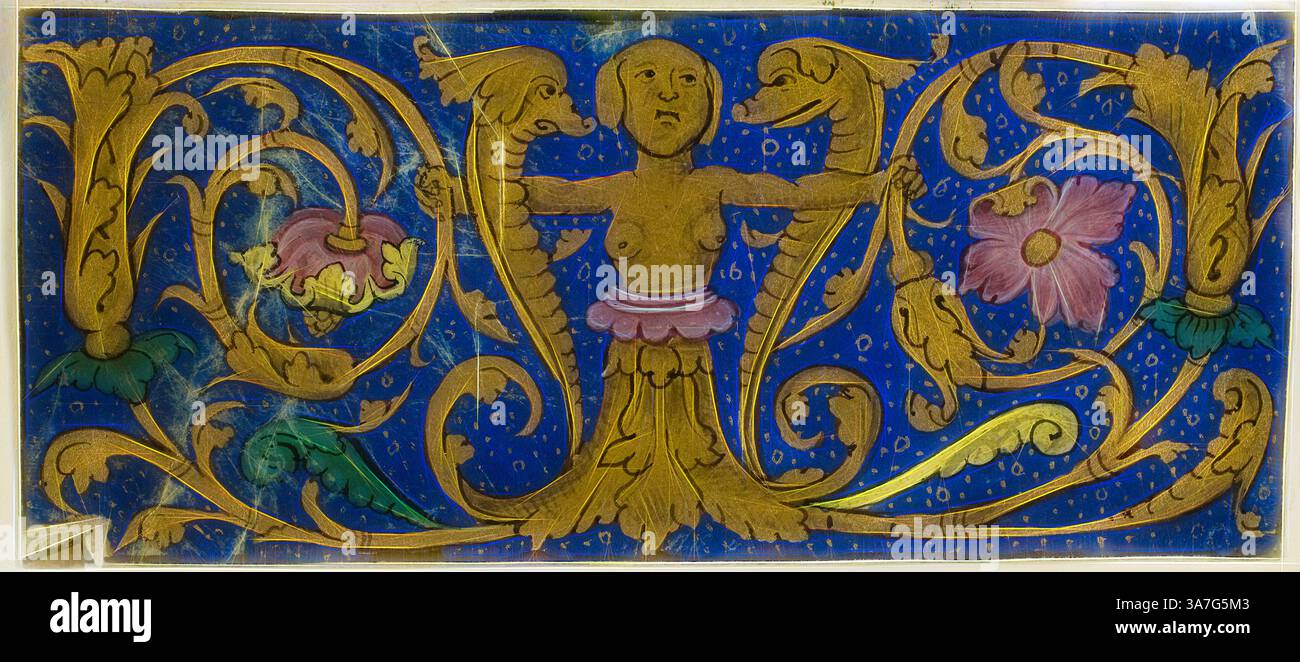 An intricate design featuring a central figure with a human upper body ...