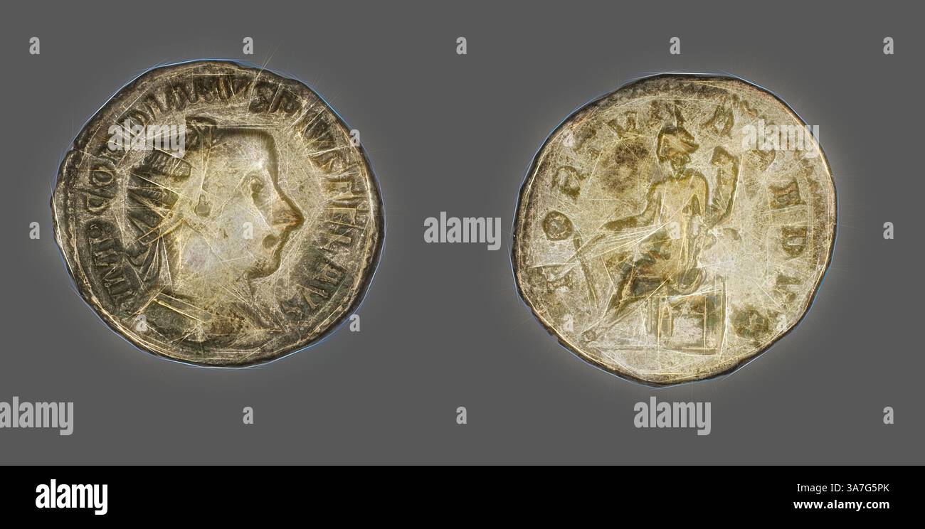 A detailed representation of an ancient coin featuring a profile of a ...