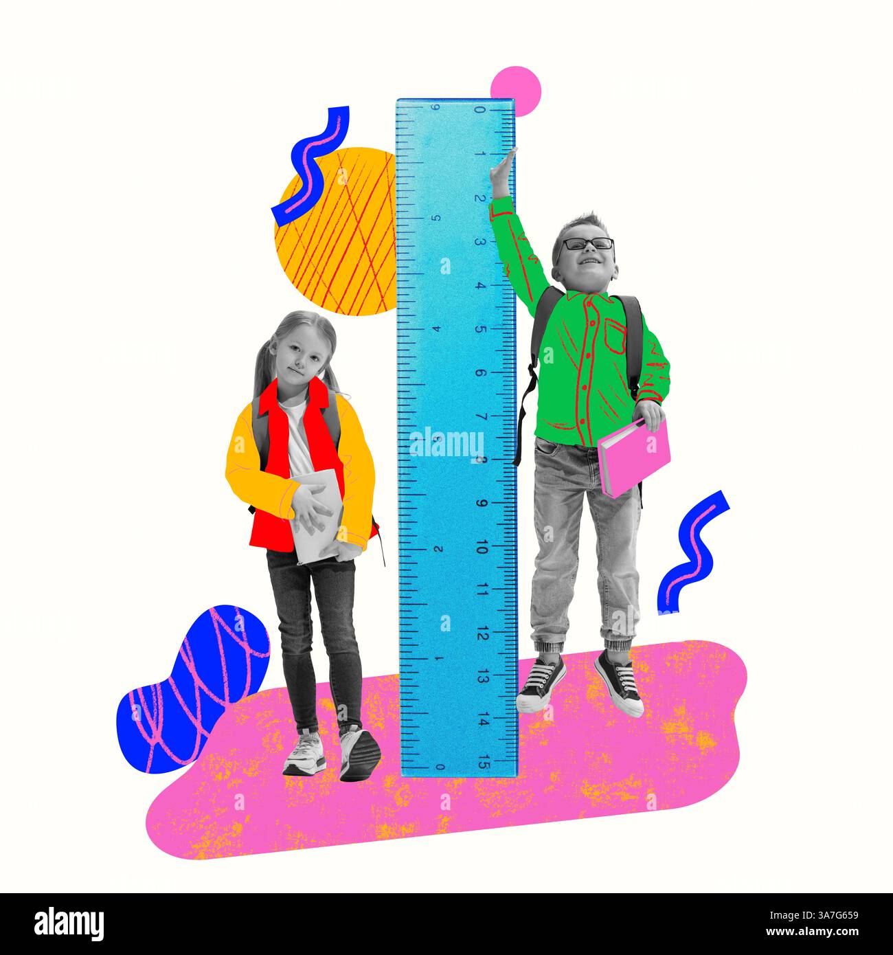 Conceptual art collage. Children measuring height with ruler ...