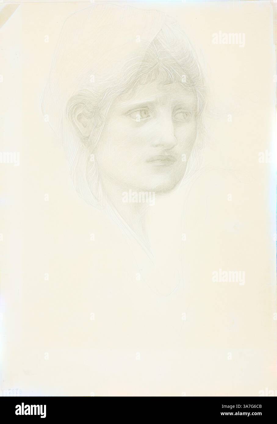 A delicate sketch features a young woman's contemplative face ...