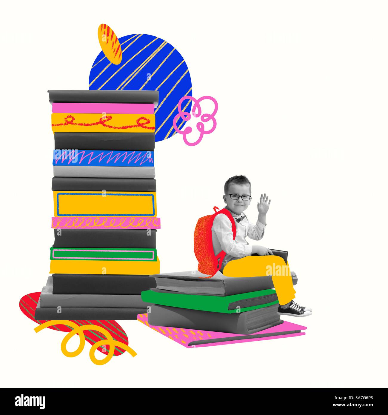Contemporary art collage. Schoolboy waving while sitting on stack of ...