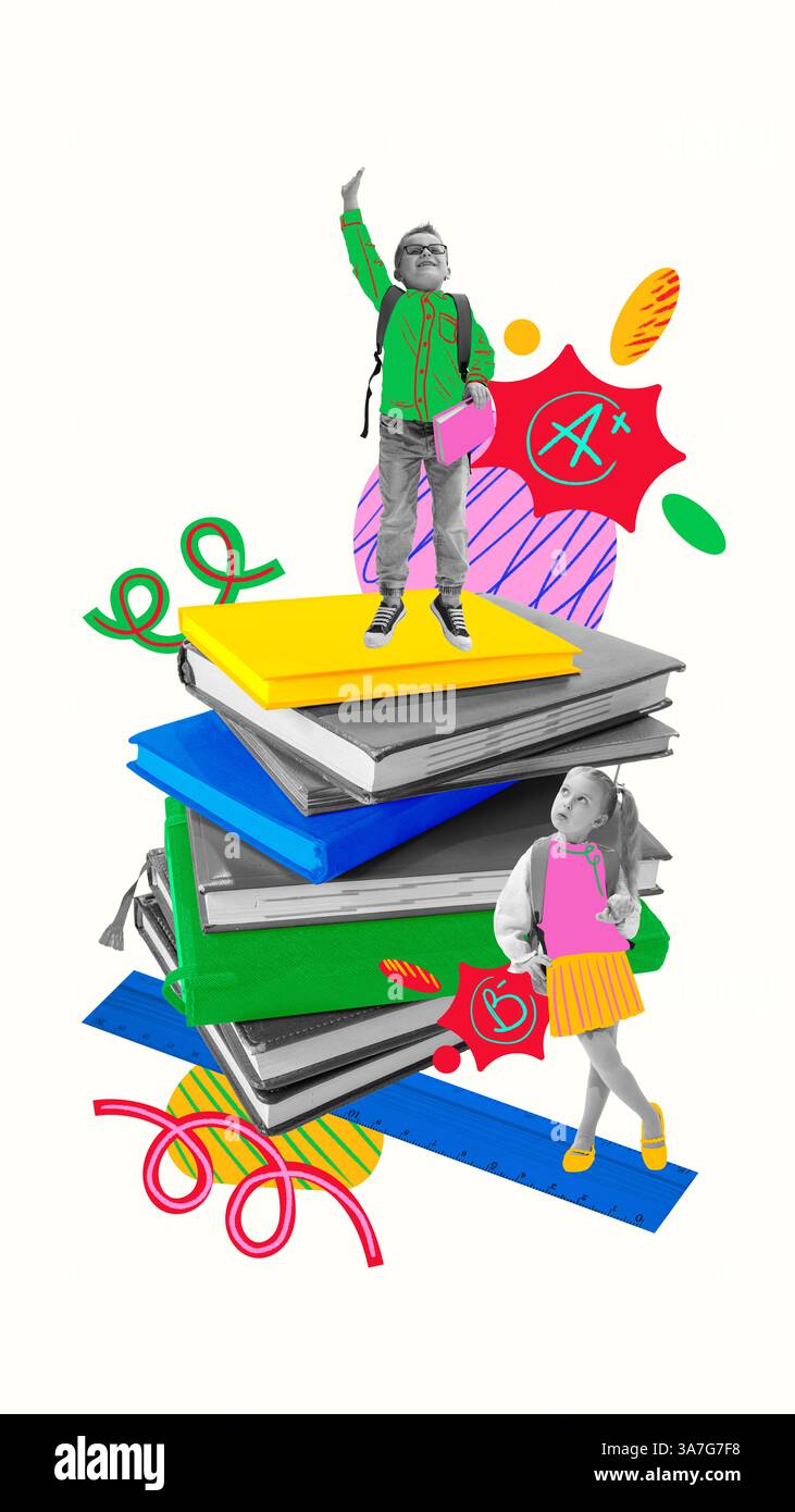 Contemporary art collage. Schoolboy standing tall on books with high ...