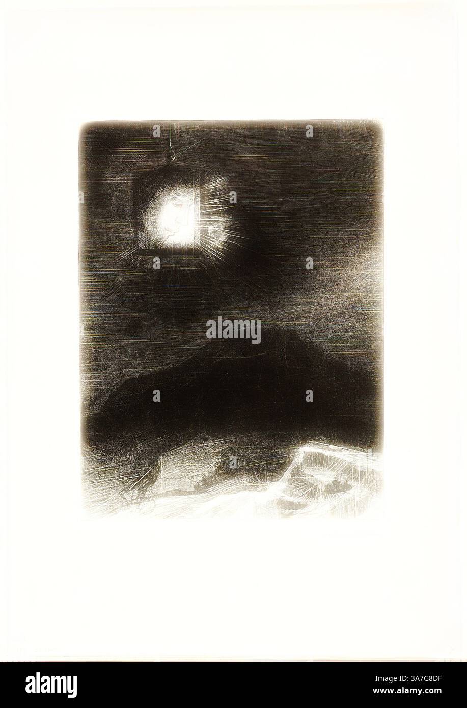 A dimly lit scene features a radiant source of light suspended above ...