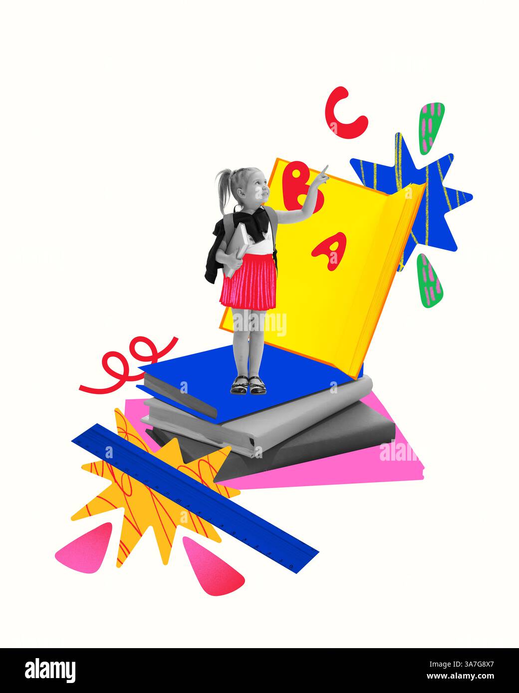 Conceptual art design. Girl pointing to alphabet letters while standing ...