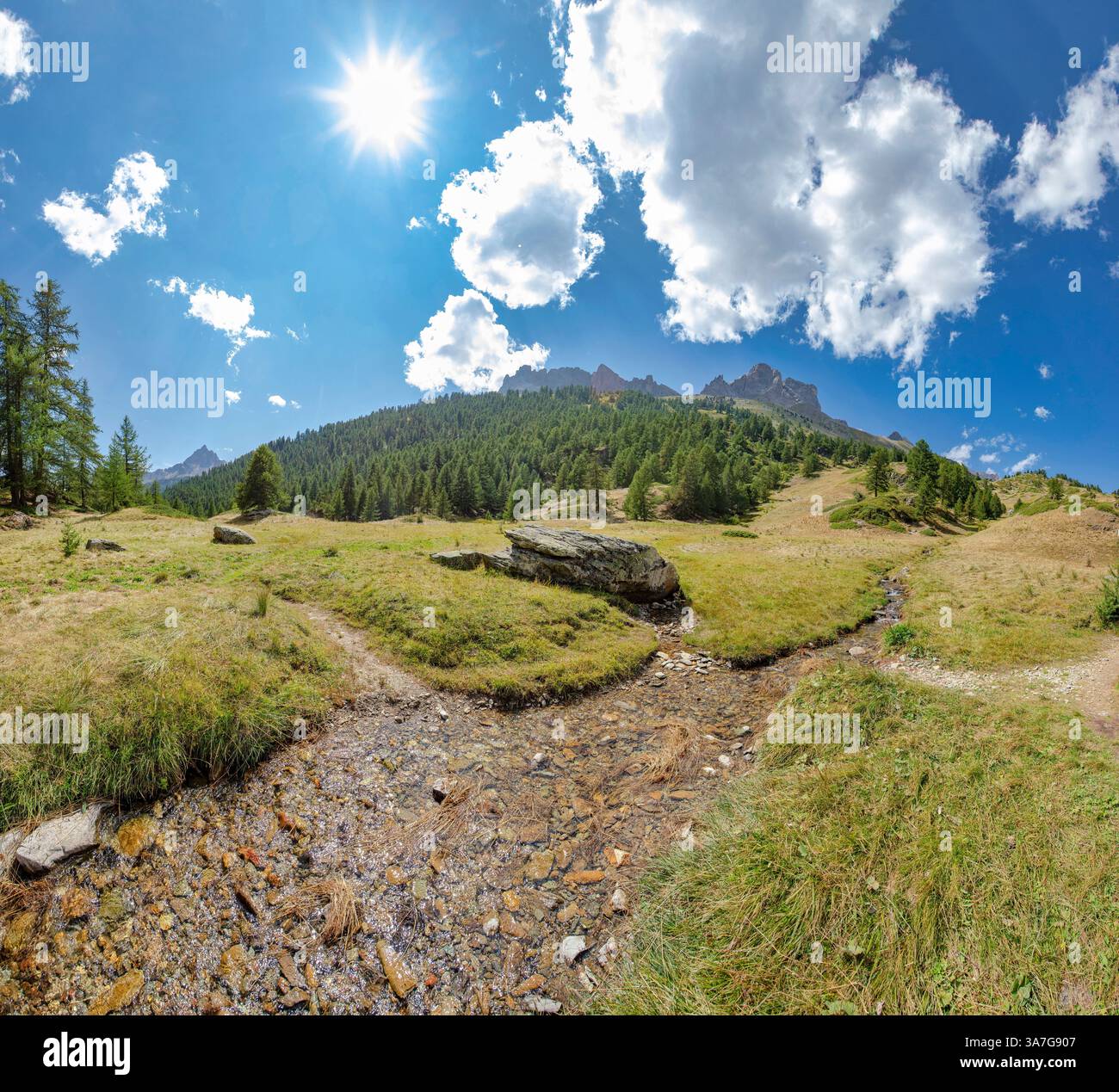 The valley of the river La Clarée with the watercourse Ruisseau de ...