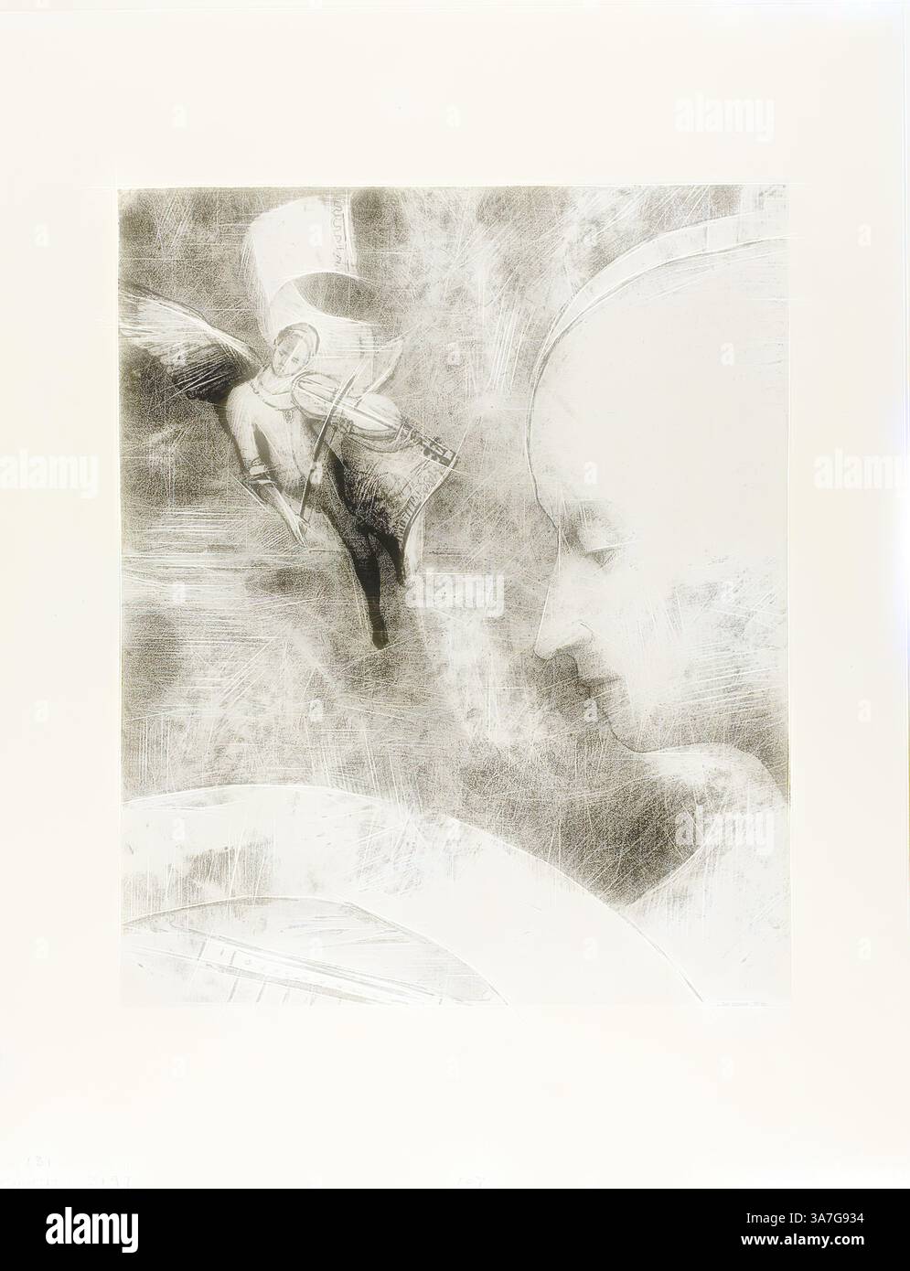 A whimsical scene featuring a winged figure playing a violin ...
