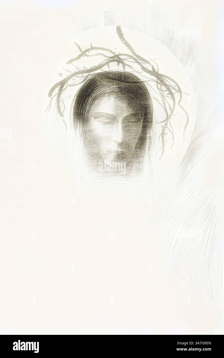 A serene and contemplative figure is depicted with a crown of thorns ...