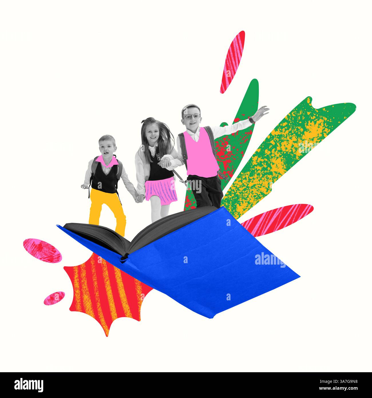 Contemporary art collage. Group of kids jumping from open book ...