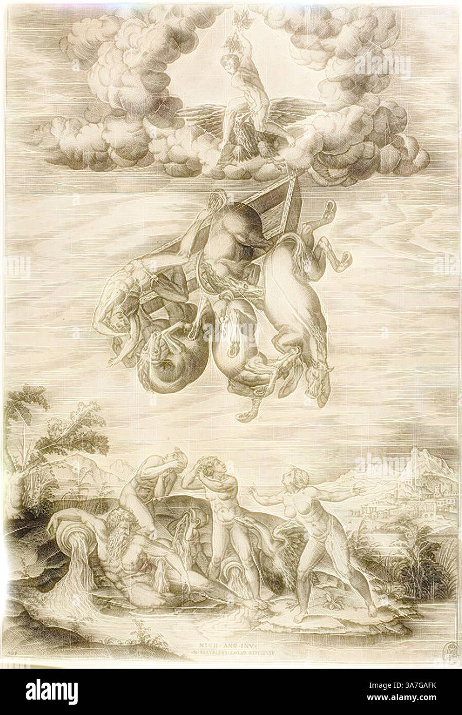 A dramatic scene depicts a celestial figure descending from the clouds ...
