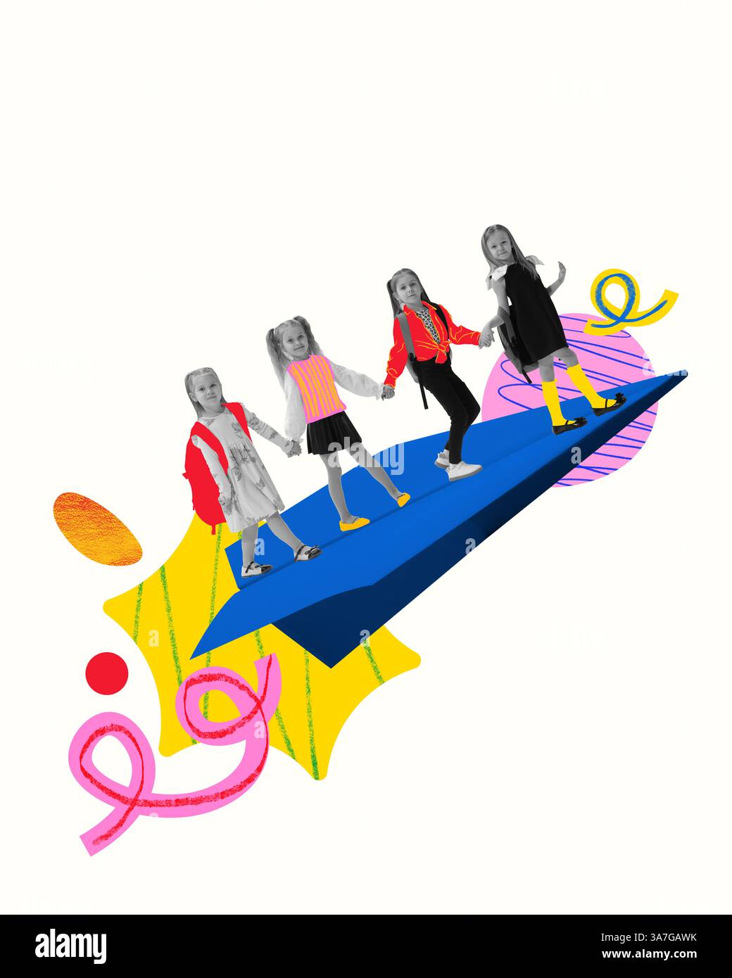 Contemporary art collage. Four girls holding hands walking on oversized ...