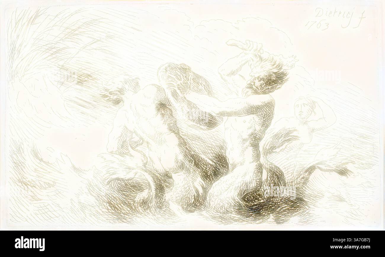 A dynamic scene depicting two centaurs engaged in a struggle near water ...