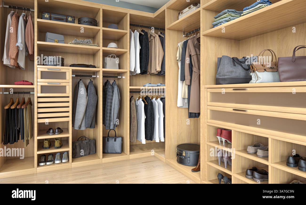 Modern closet with clothes and accessories 3d background Stock Photo ...