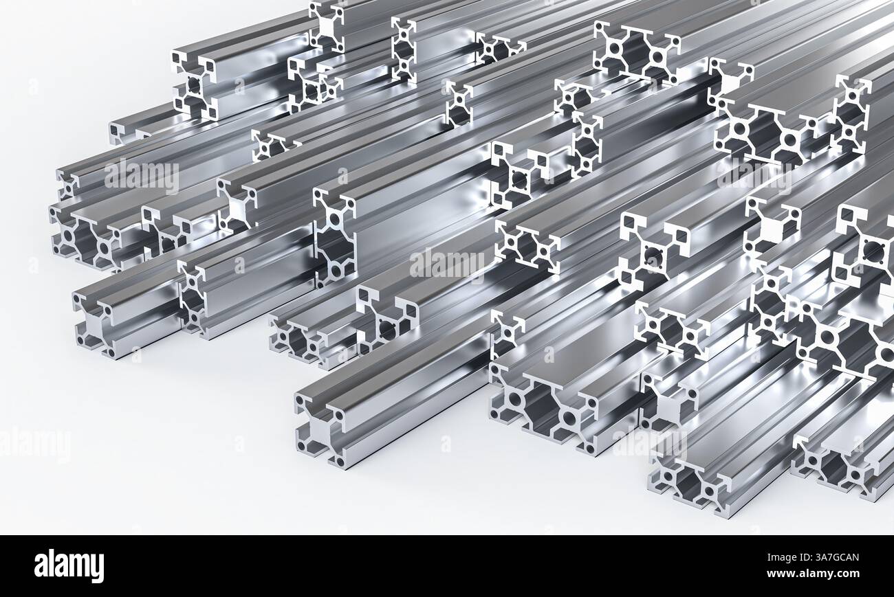 Stacked aluminum profiles creating modern industrial background 3d ...