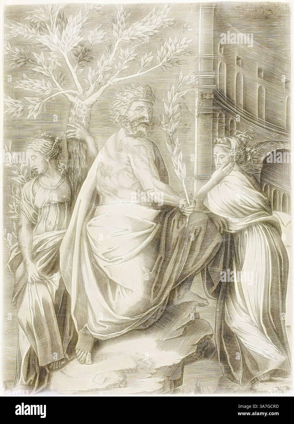 A classical scene featuring a central figure resembling a wise elder ...
