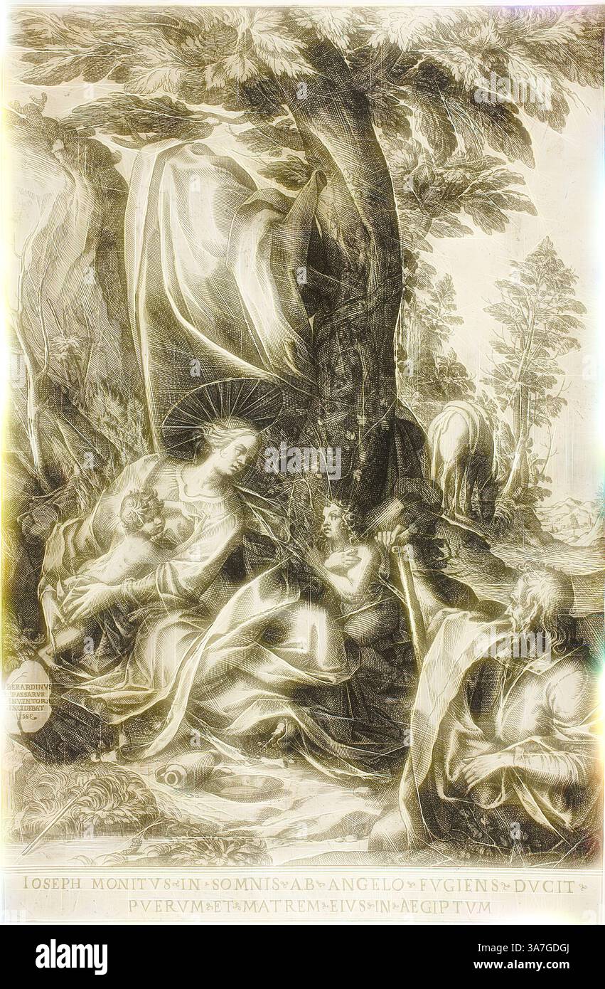 A serene scene depicting a holy family, featuring a radiant Virgin Mary ...