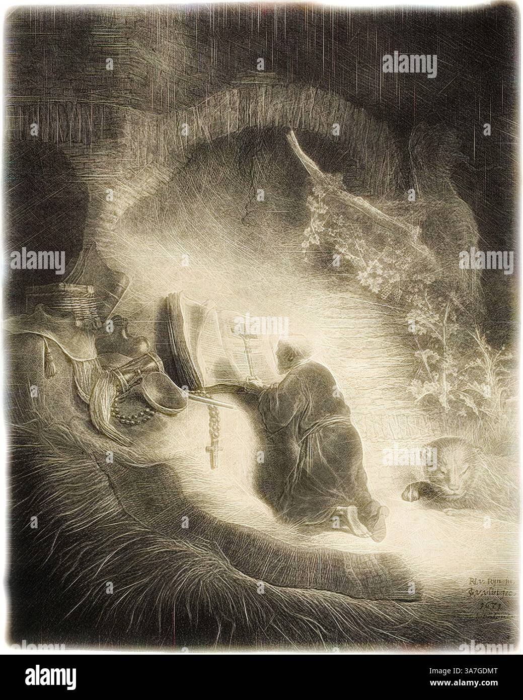 A cloaked figure kneels in reverence, studying an open book illuminated ...