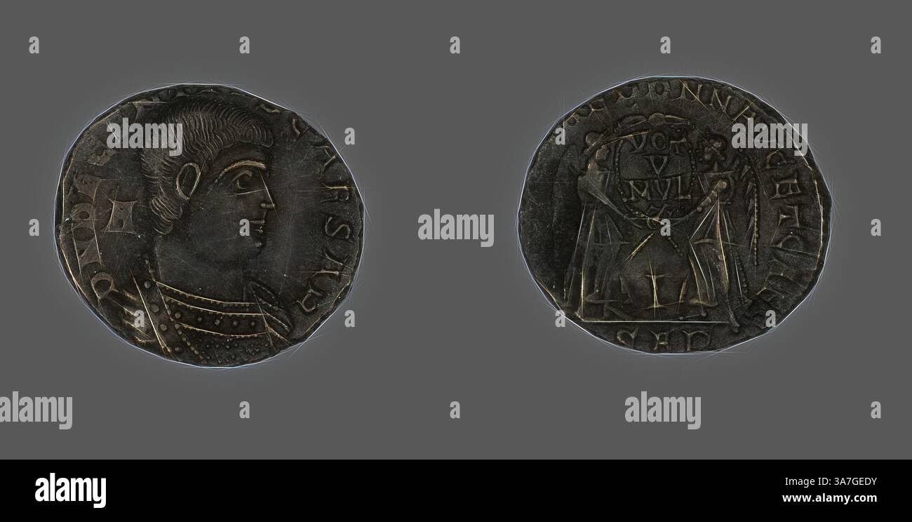 A coin featuring a profile of a Roman emperor on one side, adorned with ...