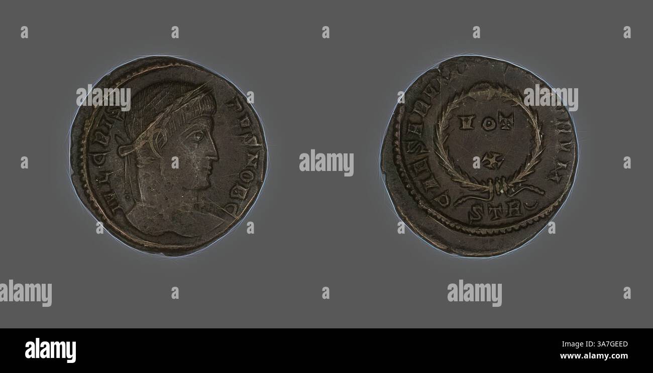 A metal coin featuring a profile of a figure with a laurel wreath ...