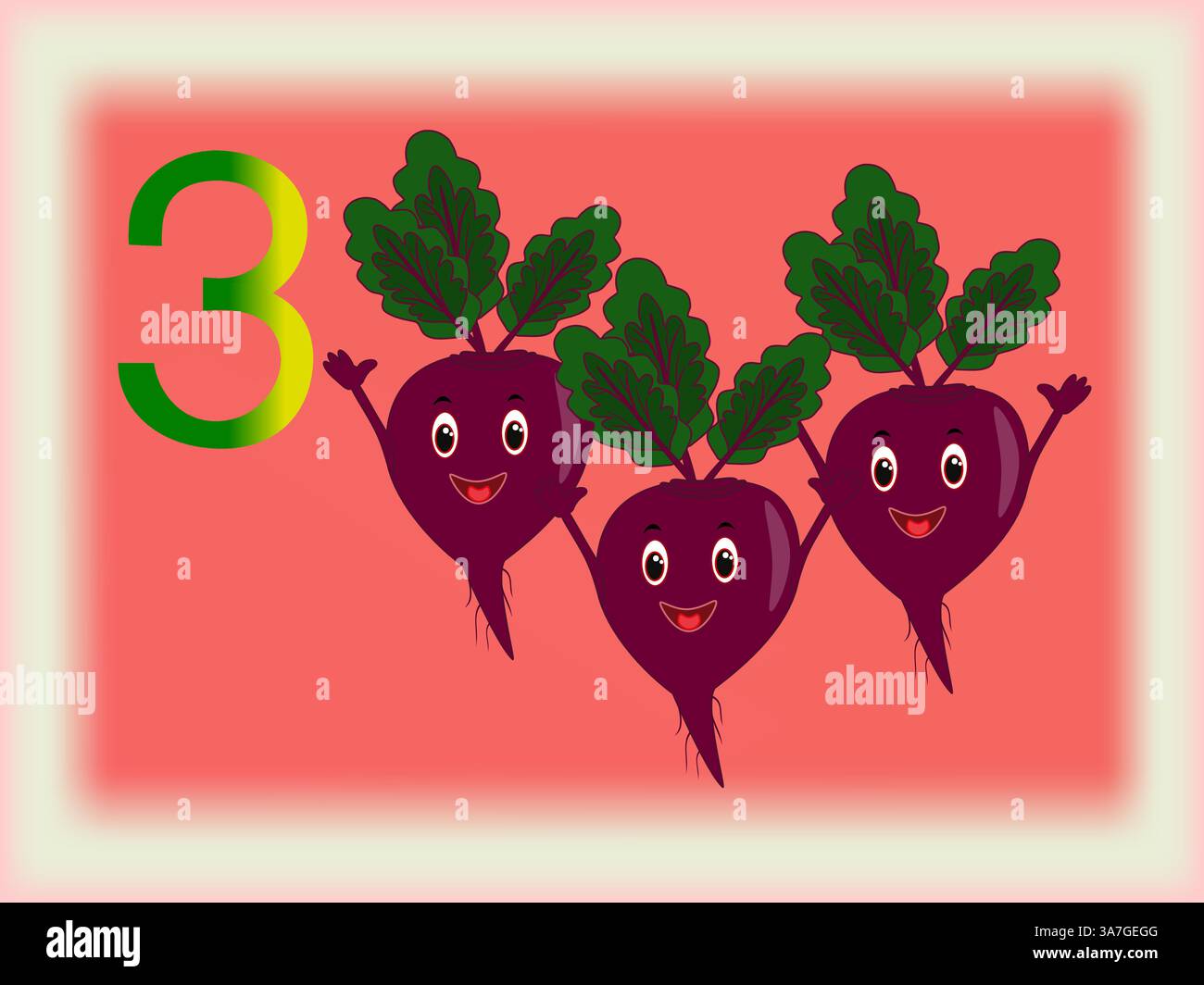 Illustrated flash card showing the number three, beet Stock Vector ...