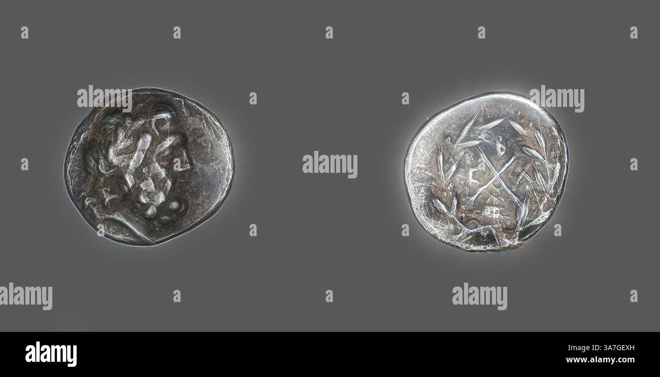 Two ancient coins are displayed side by side. One features a depiction ...