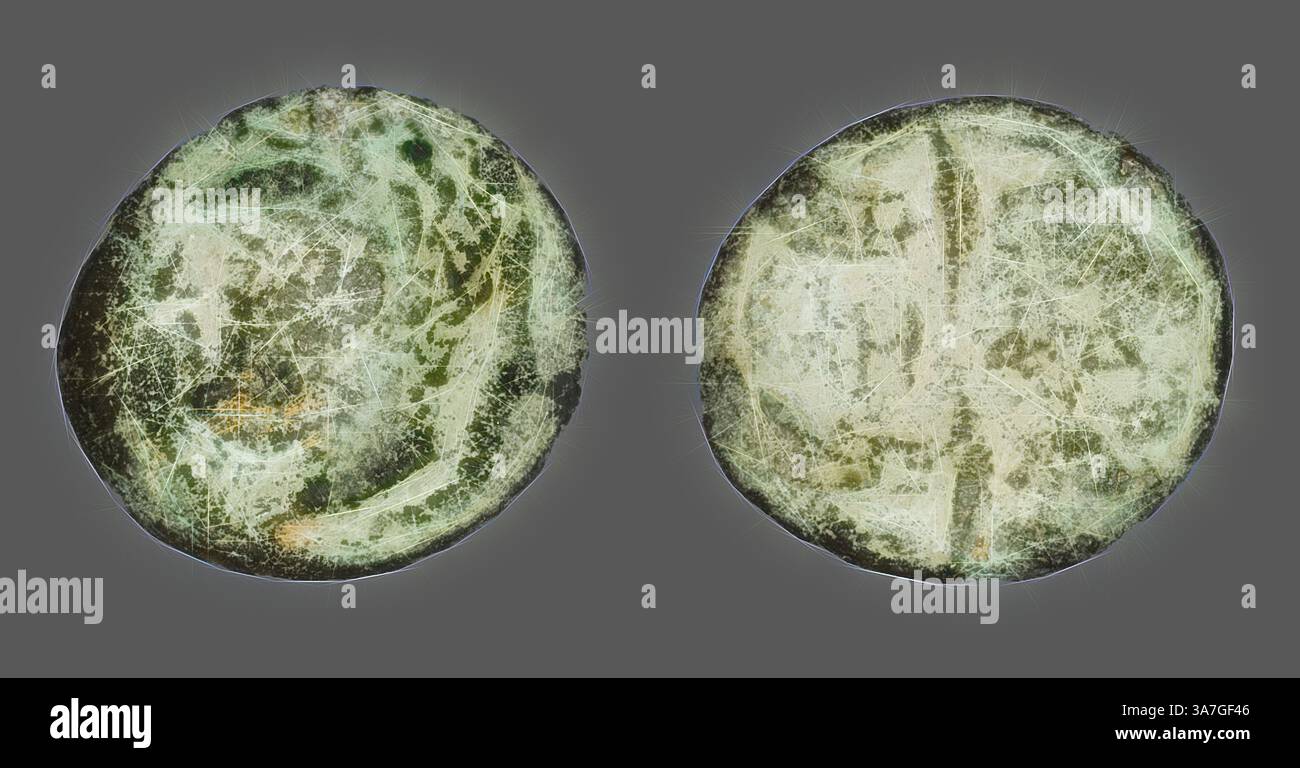 Two circular antique coins display intricate designs, showing signs of ...