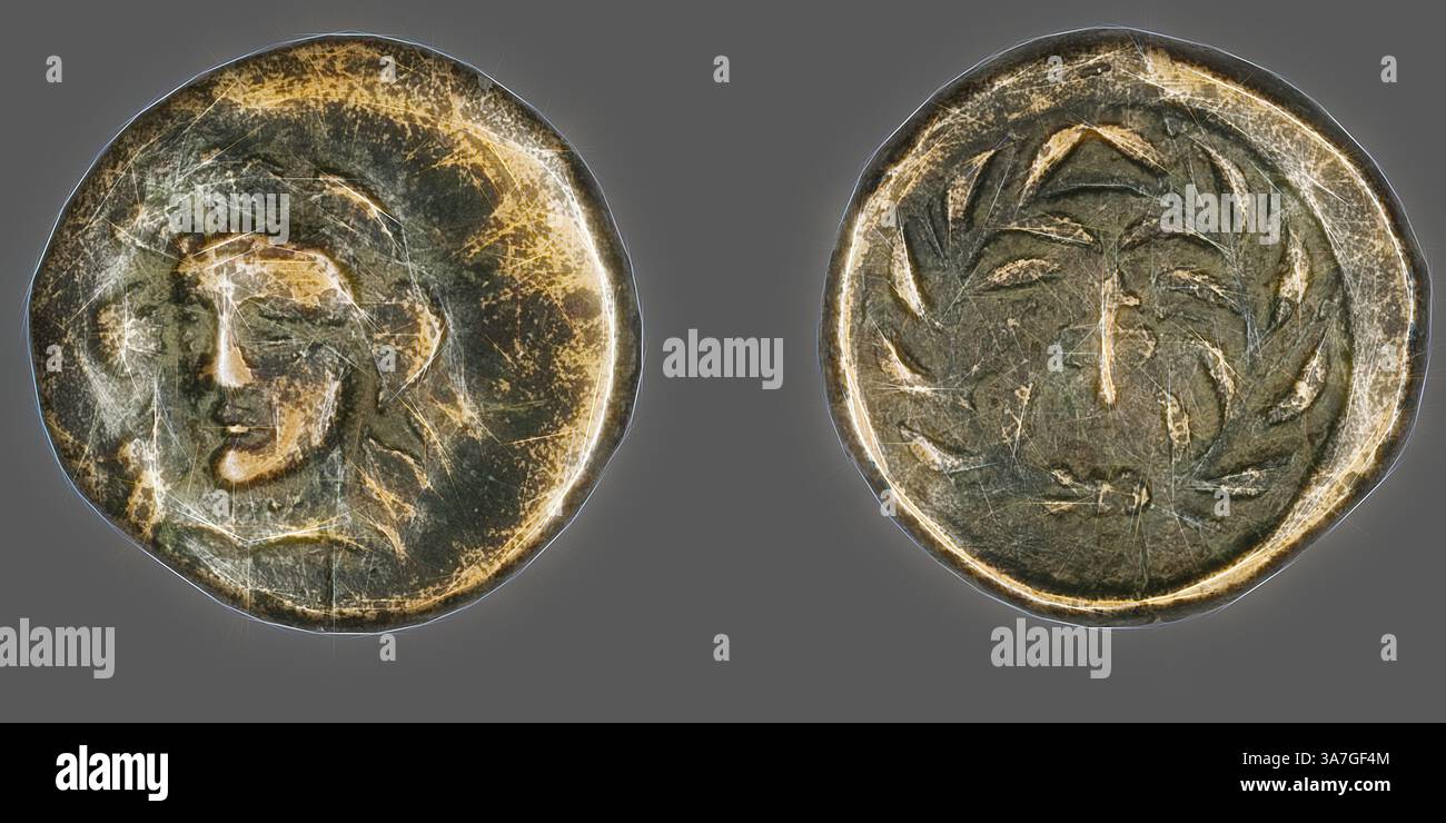 A circular coin featuring a profile of a face on one side, adorned with ...