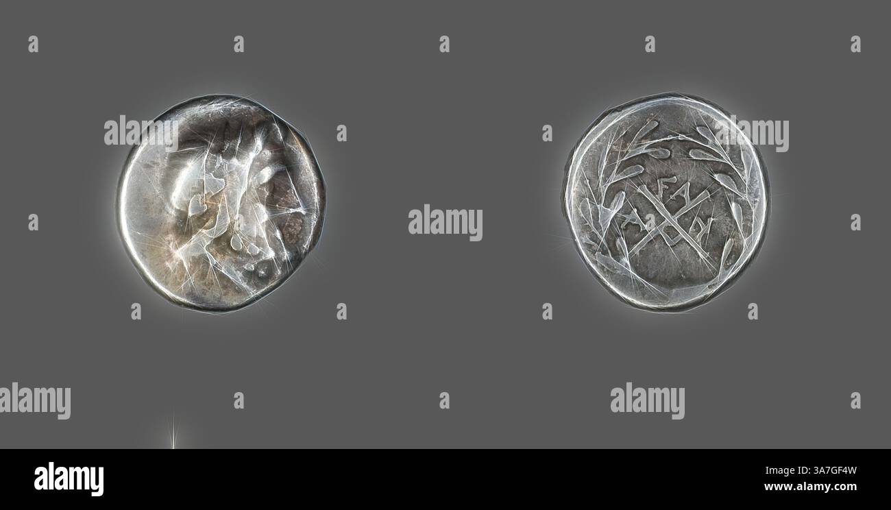 Two antique coins are displayed side by side. The left coin features a ...