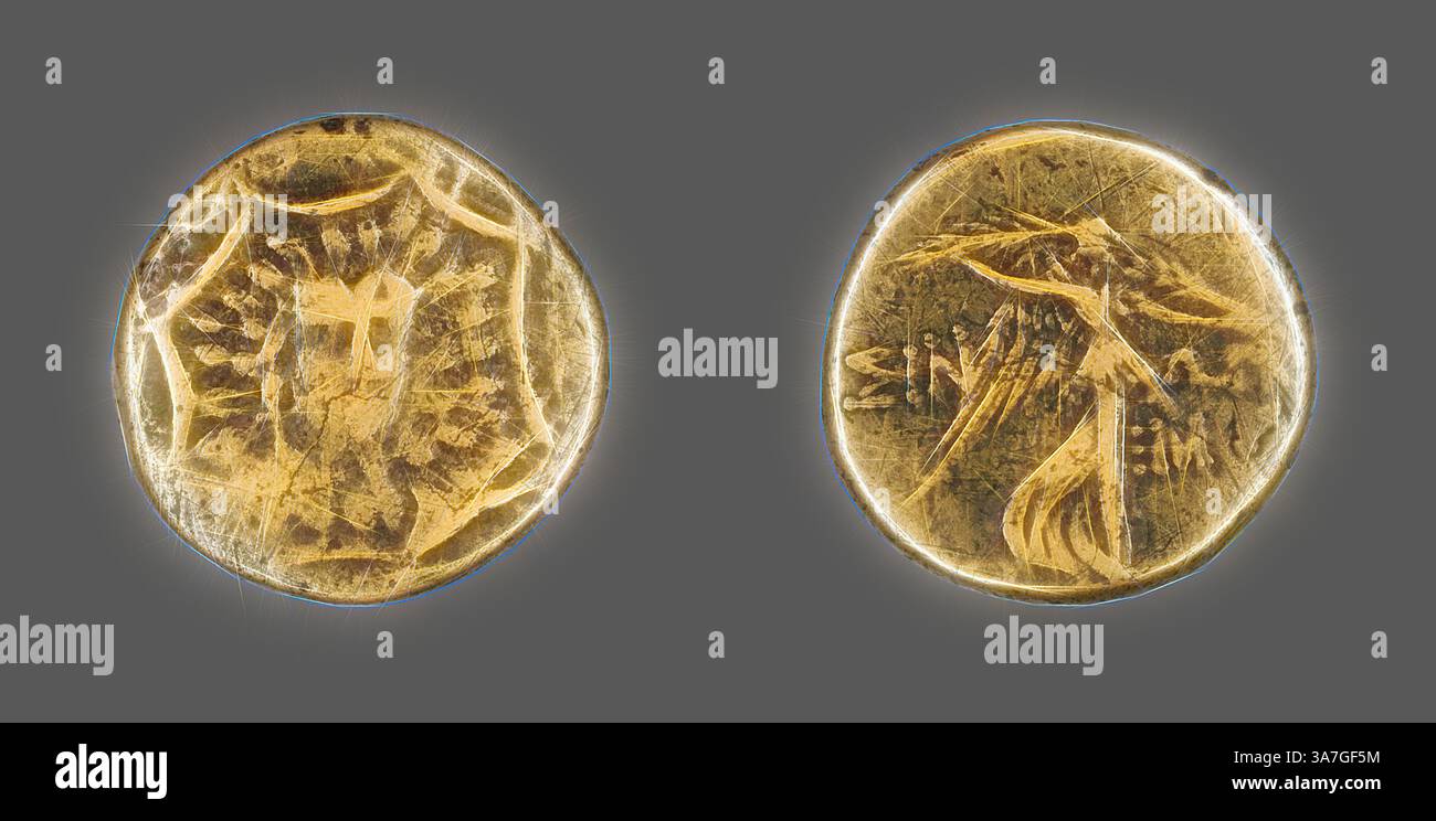 An ancient coin featuring intricate designs: one side displays a shield ...