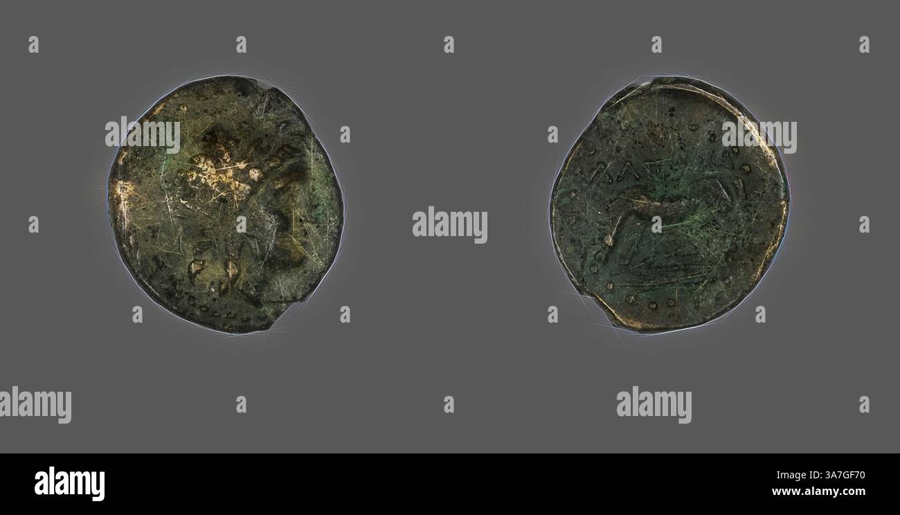 An ancient coin featuring intricate details, one side showcasing a ...