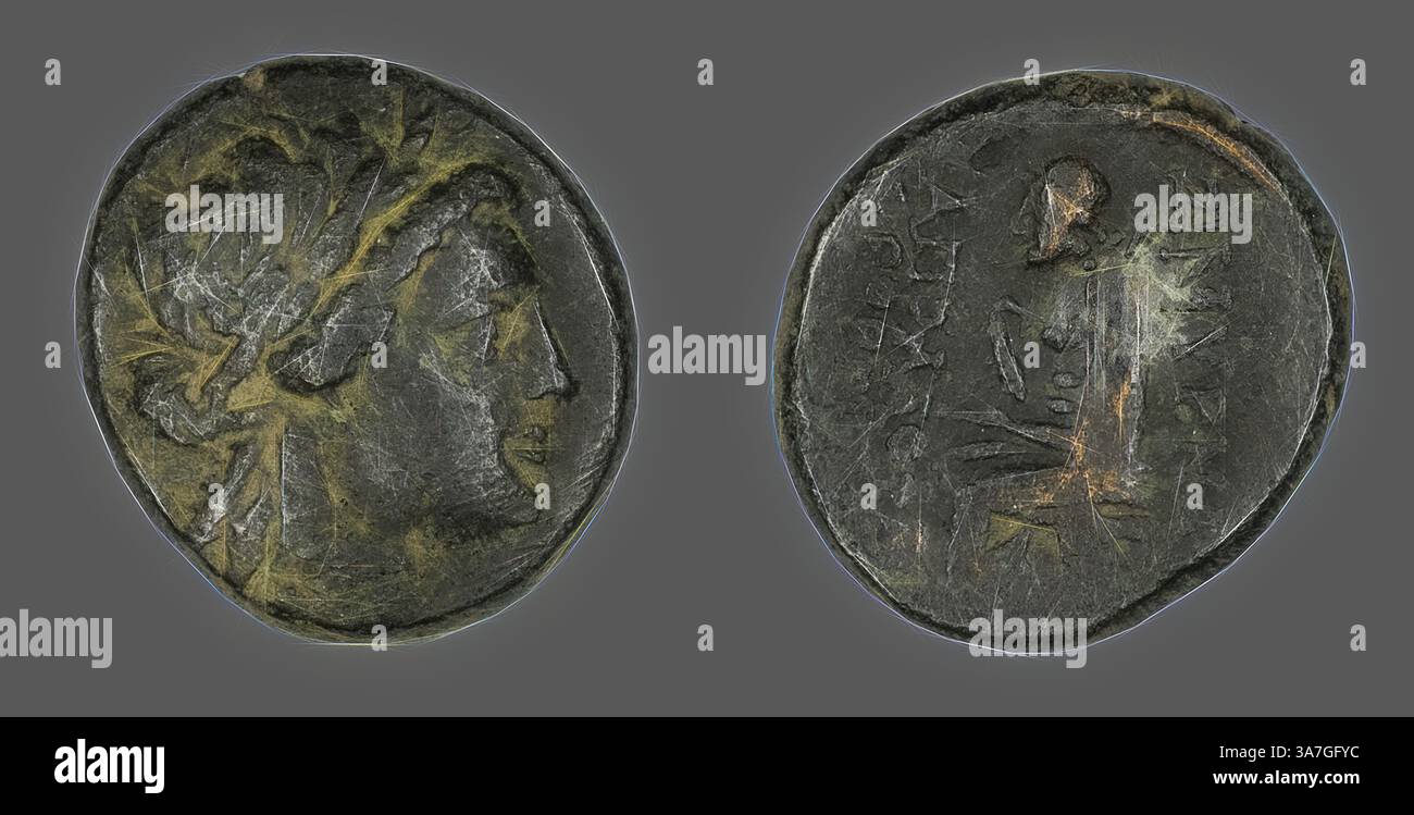 An ancient coin featuring a profile of a figure adorned with a laurel ...