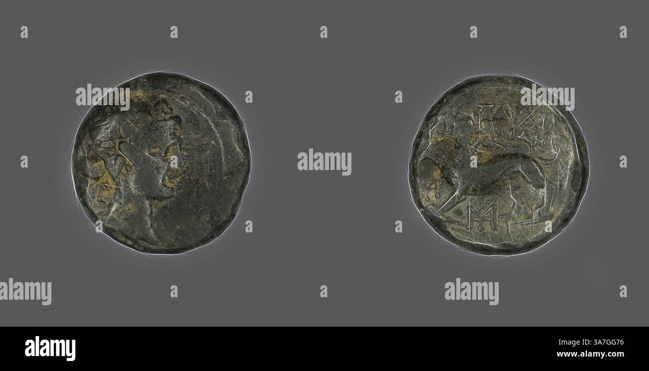 An ancient coin features a profile of a figure on one side, while the ...