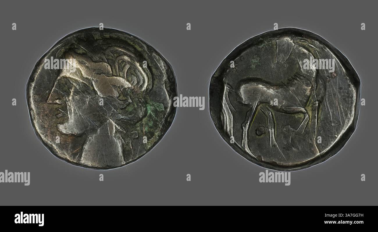 Ancient coins feature a detailed profile of a figure on one side and a ...