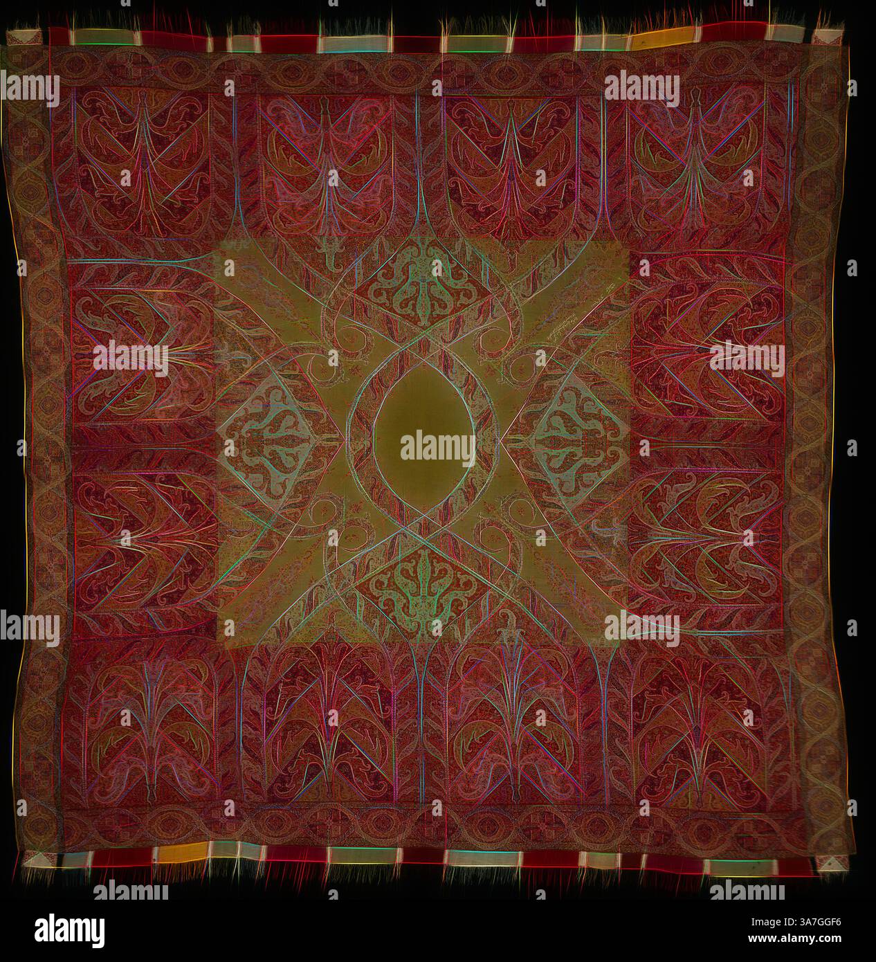 An intricately woven textile featuring a vibrant mix of geometric ...