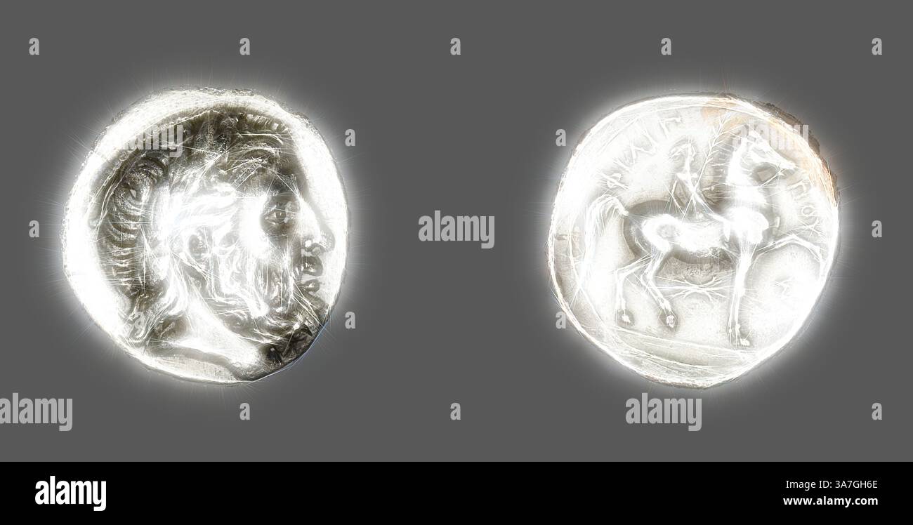 Two ancient coins displayed side by side, featuring intricate designs ...