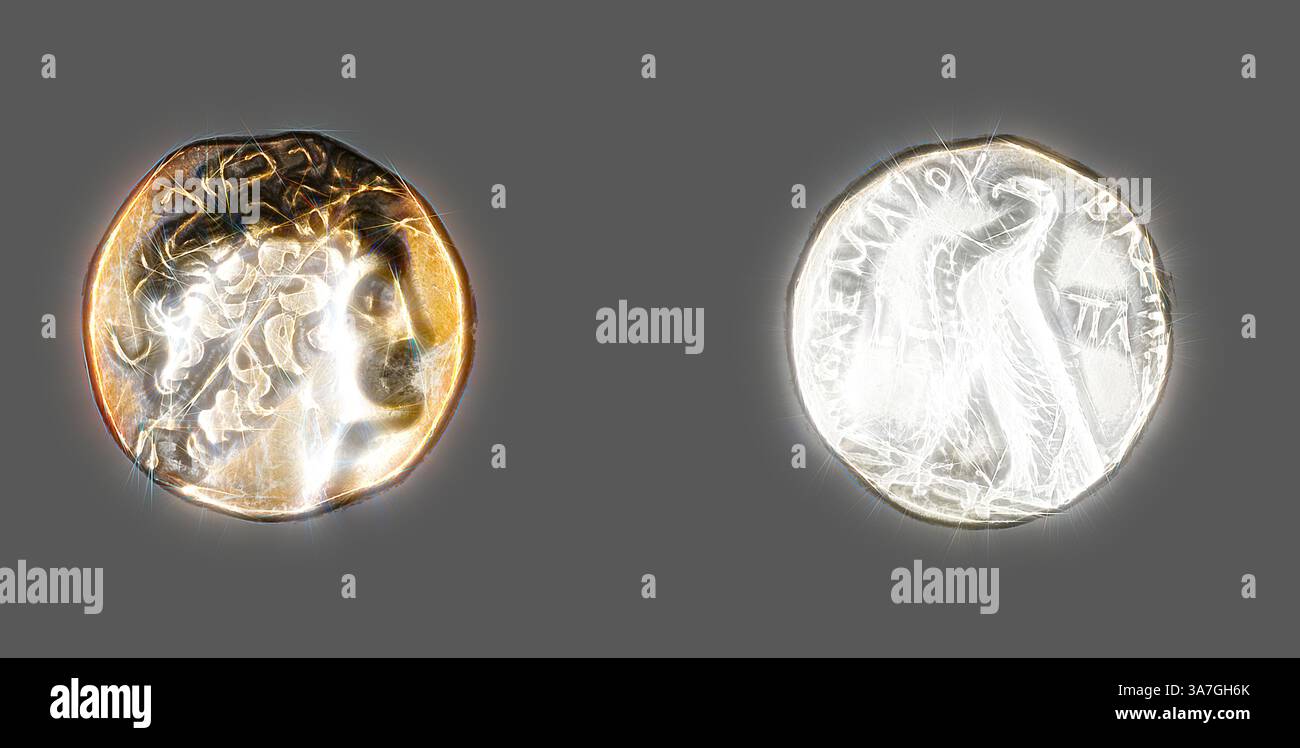 Two ancient coins are displayed, each showcasing intricate designs. On ...