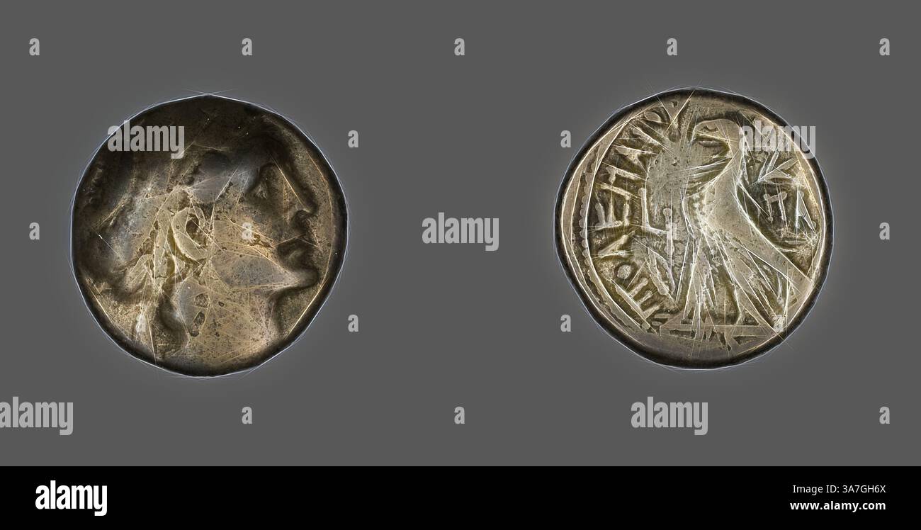 A pair of ancient coins, one featuring the profile of a woman adorned ...