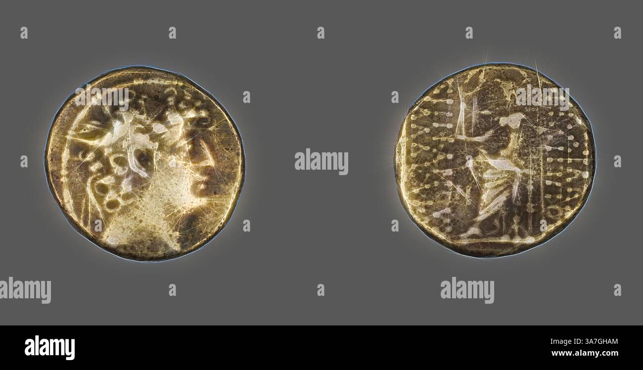 A pair of ancient coins featuring detailed engravings: one side ...