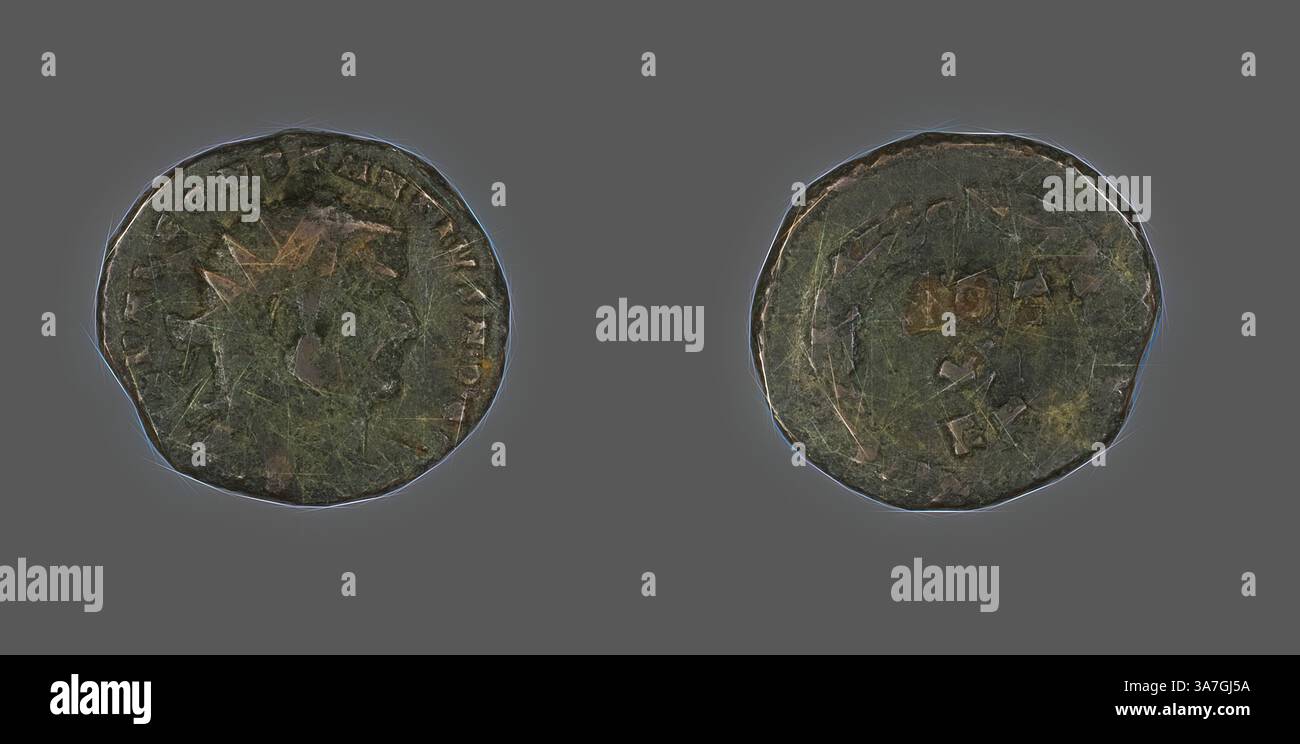 A weathered ancient coin displays intricate designs on both sides ...