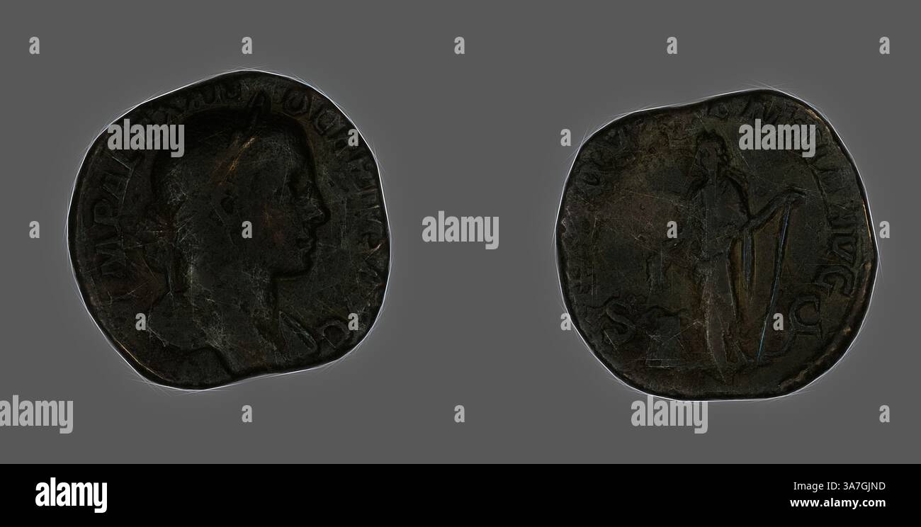 A worn coin featuring a profile of a figure on one side, with ...